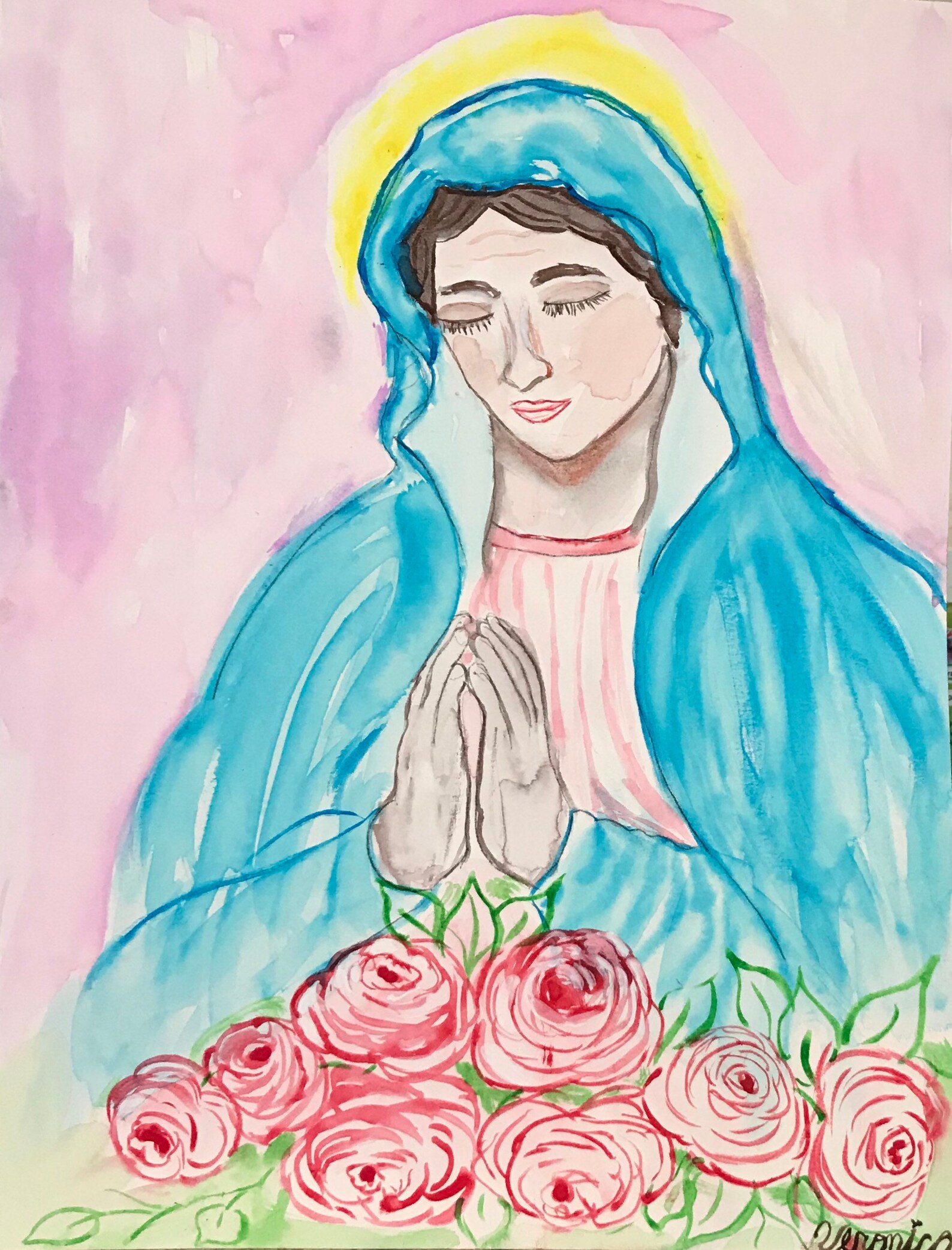 Watercolor Virgin Mary Embellished With Roses - Etsy