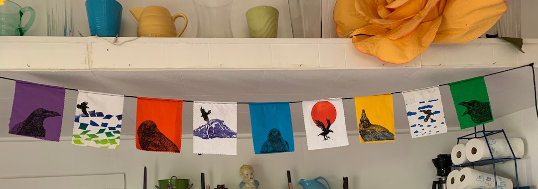 Calligraphic Corvid Head Prayerflags With Bright Pastels and White ...