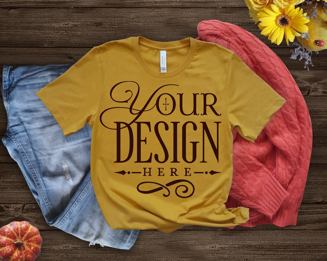Fall T-shirt Mockup, Yellow T-shirt Mockup, Bella Canvas 3001, Autumn ...