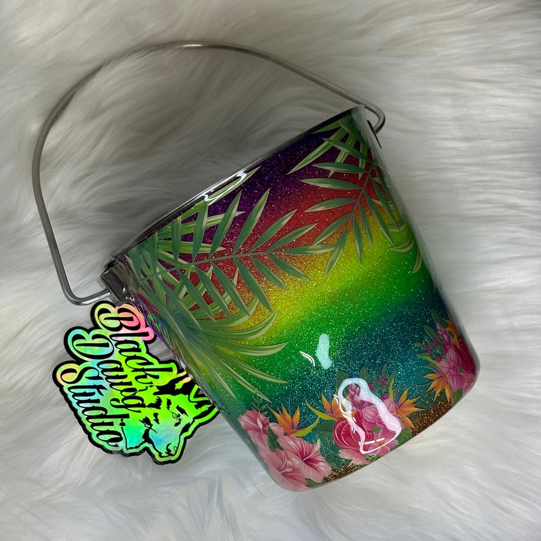 2qt Water Bucket Pail Glitter Tropical Sunset Palm Trees Hibiscus Epoxy ...