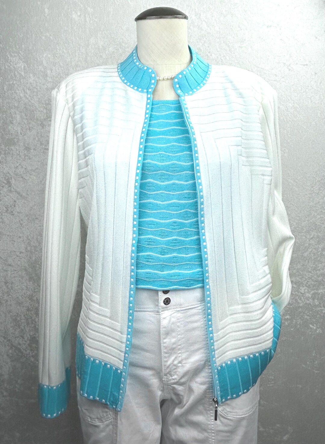 Old Money Ming Wang Womens Retro Aqua White Cardigan Sweater Set ...