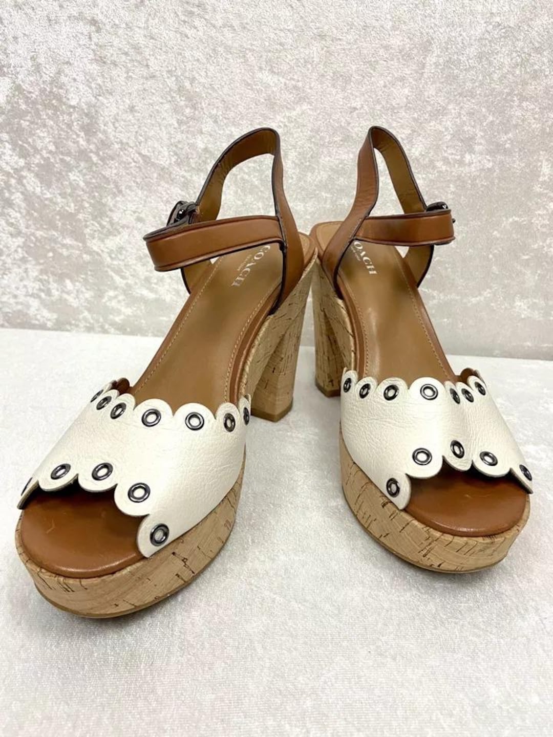 Coach Women's White Leather Platform Sandals Cork Heels Size 7B - Etsy