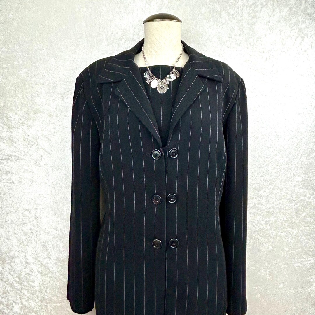 VTG Leslie Fay Black Pinstripe Suit Dress 2 Piece Collared Jacket Plus ...