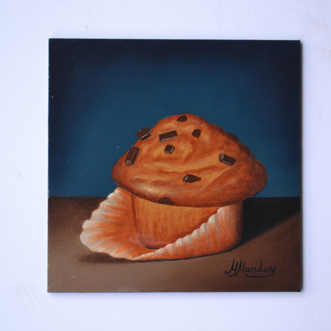 Chocolate Chip Muffin Painting - Small Acrylic Still Life, Kitchen Art ...