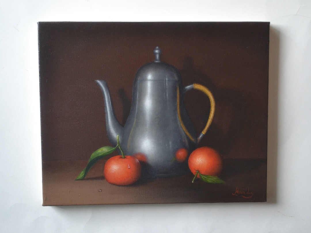 Pintura acrílica de bodegones pequeños, cafetera plateada, pintura de ...