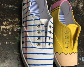 Hand PAINTED TEACHER SHOES, Pencil and Paper Shoes, Women's Sizes - Etsy