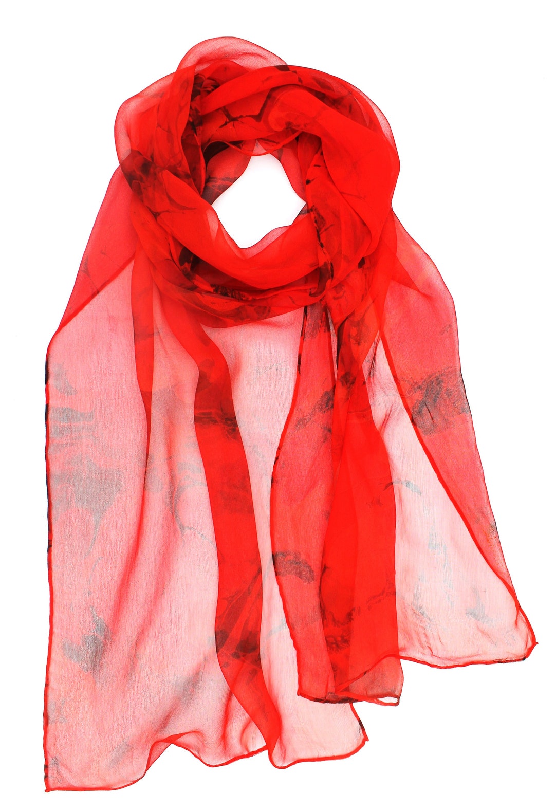 Red Silk Scarf Marbled With Black, Sheer Chiffon Scarf, Women's Gift - Etsy