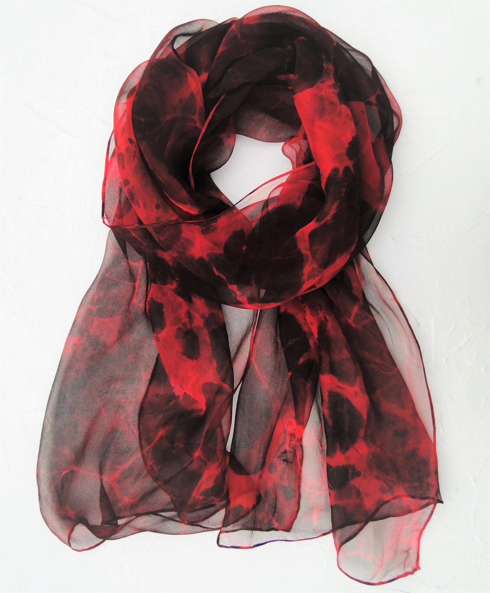 Red Silk Scarf Marbled With Black Sheer Chiffon Scarf - Etsy