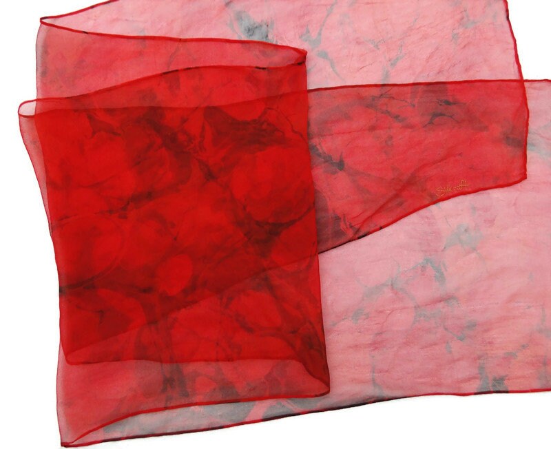 Red Silk Scarf Marbled With Black, Sheer Chiffon Scarf, Women's Gift - Etsy