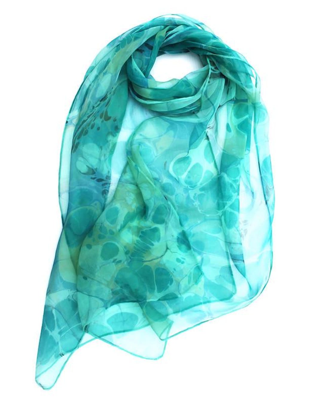 Turquoise, Aqua, Blue and Green Marbled Silk Scarf, Sheer Chiffon Scarf ...