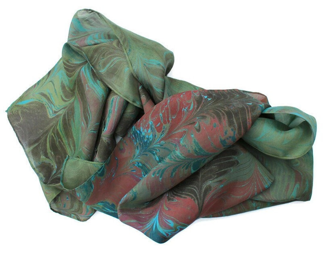 Sage Green Silk Scarf Marbled With Turquoise, Black and Brick Red. - Etsy