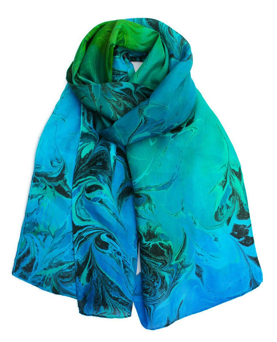Marbled Silk Scarf in Blue, Turquoise, Black and Green, Women's Gift ...