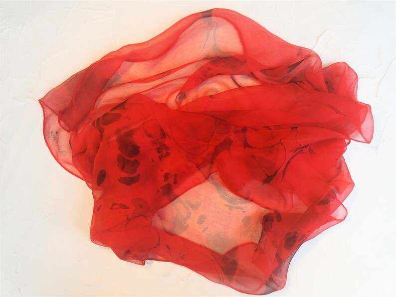 Red Silk Scarf Marbled With Black Sheer Chiffon Scarf - Etsy
