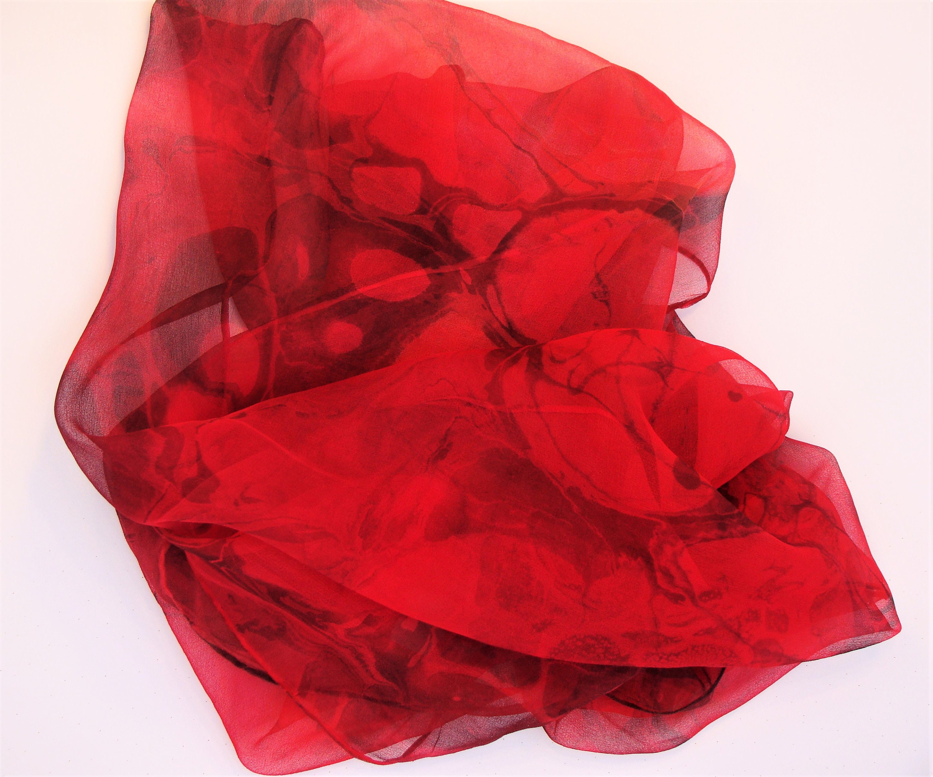 Red Silk Scarf Marbled With Black, Sheer Chiffon Scarf, Women's Gift - Etsy