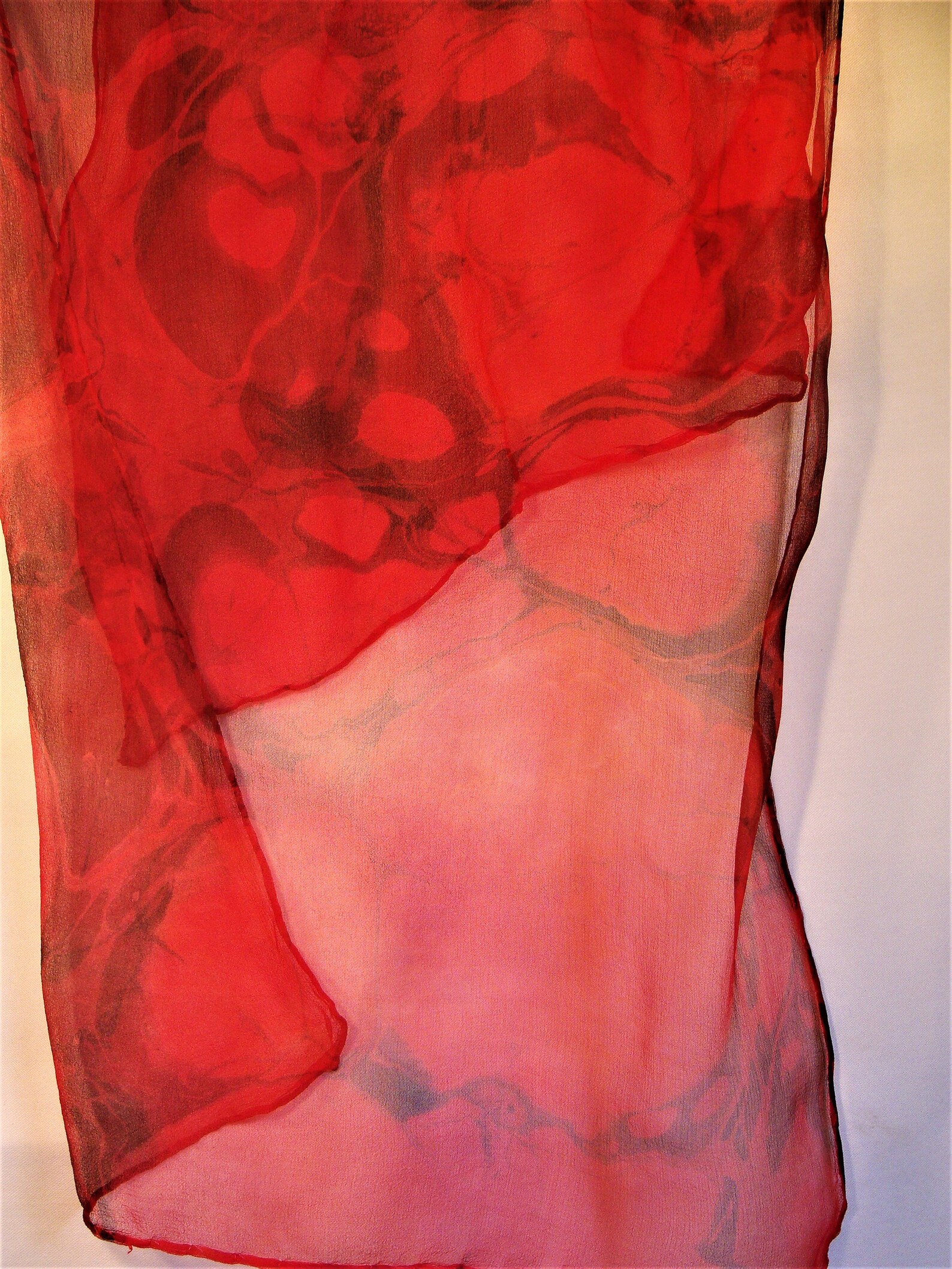 Red silk scarf marbled with black sheer chiffon scarf | Etsy