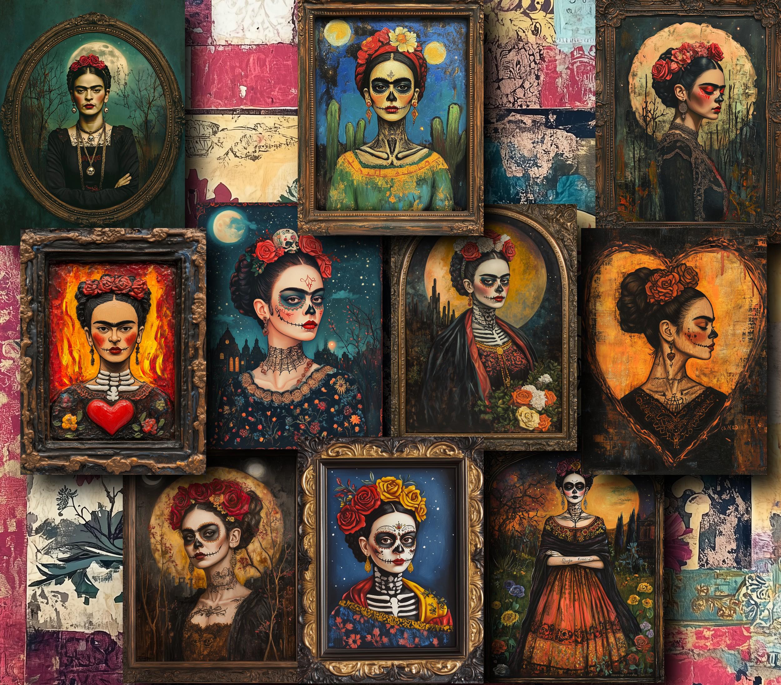 Day of the Dead Frida Kahlo Journal Cards, Printable Junk Journal Kit ...