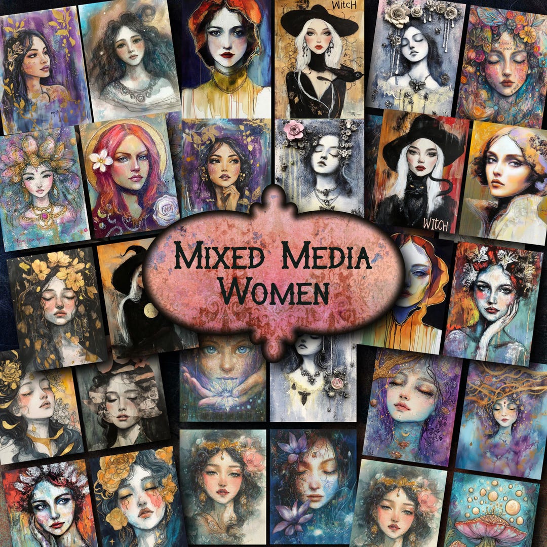 32 Mixed Media Women Portraits: Printable Art Cards (digital Download ...