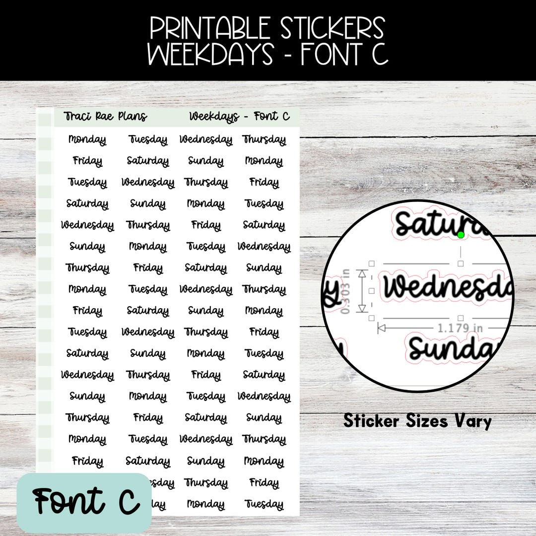 Printable Planner Stickers - Weekdays (font C) - Etsy