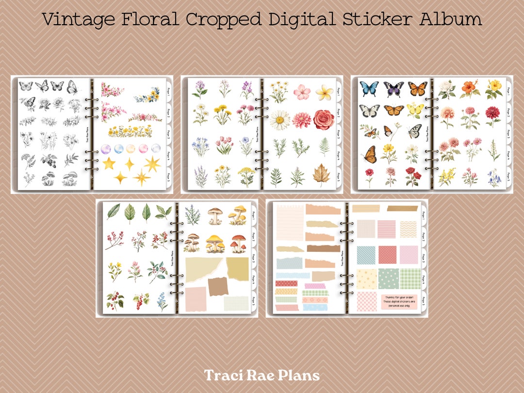 Vintage Floral Cropped Digital Sticker Album - Etsy