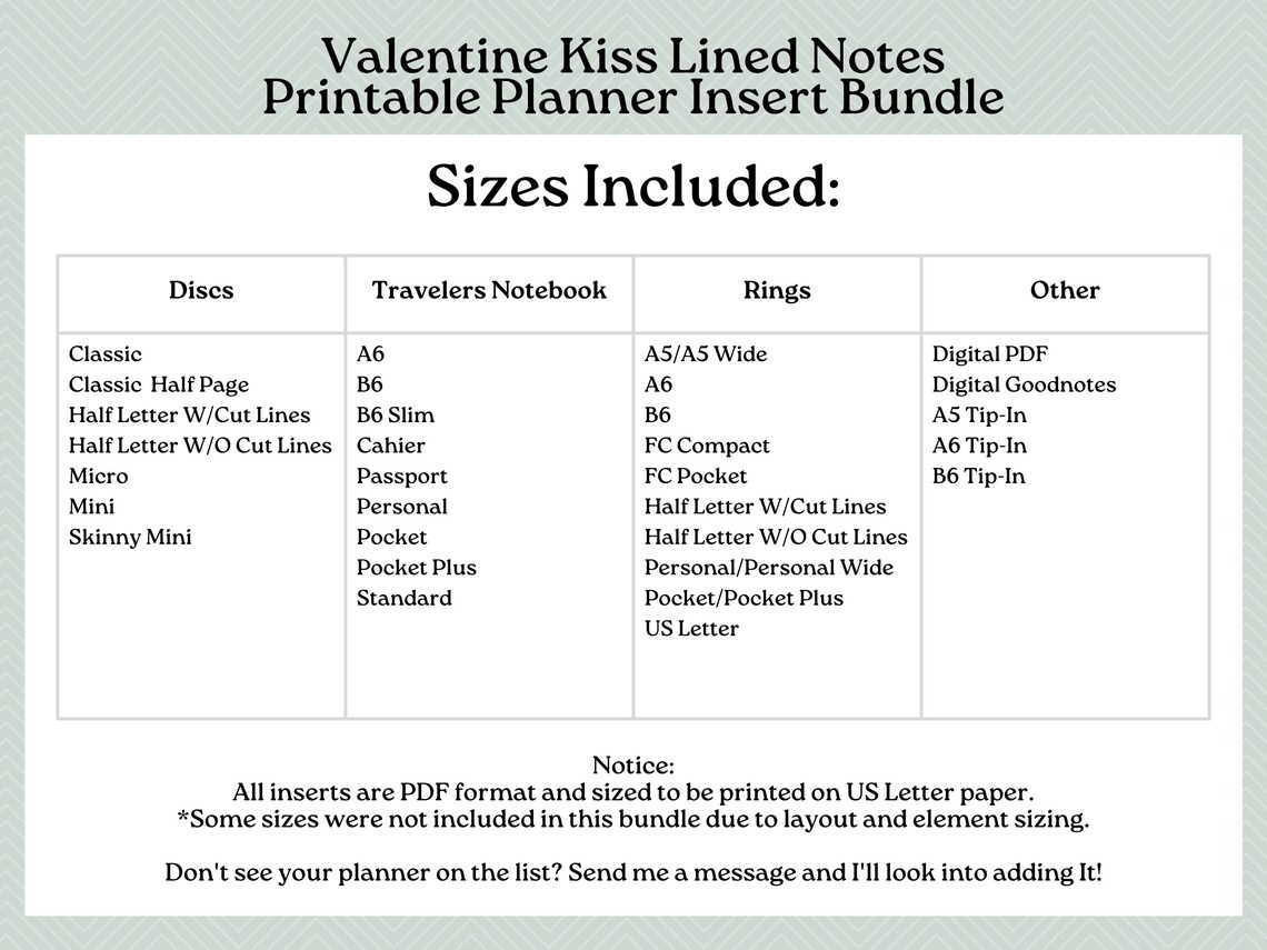 Printable Insert Bundle - Valentine Kiss Lined Notes - Etsy