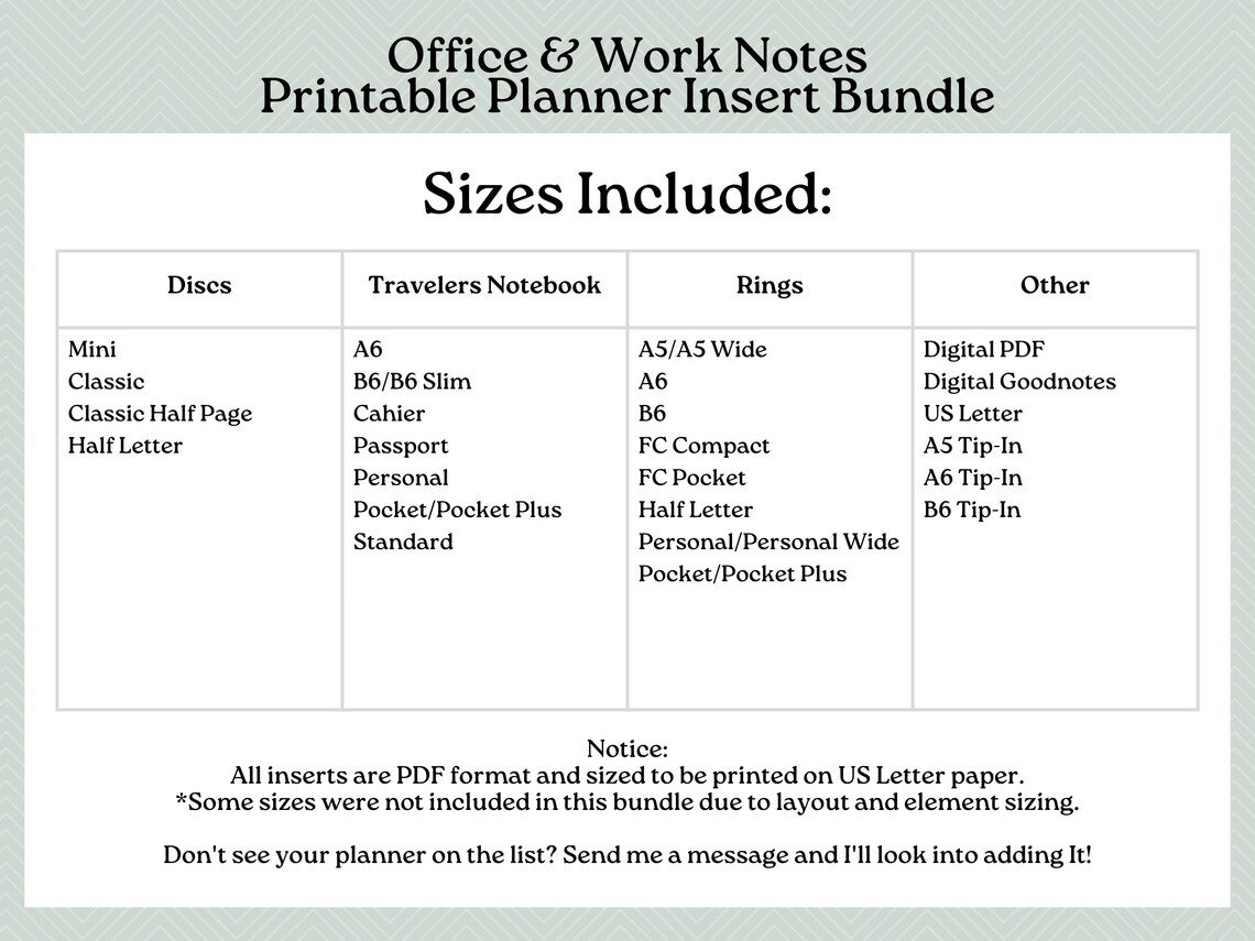 Printable Insert Bundle - Office & Work Notes - Etsy