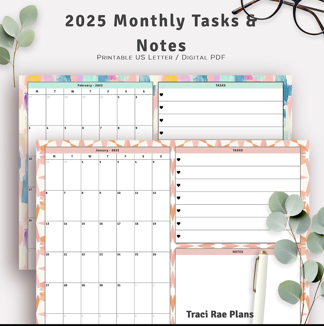 2025 Monthly Calendar Tasks & Notes Printable US Letter and Digital PDF ...