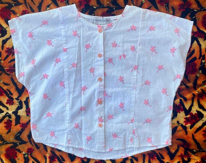1980s HANG TEN Pink Palm Tree Pattern Boxy Button Down Crop Top Size ...
