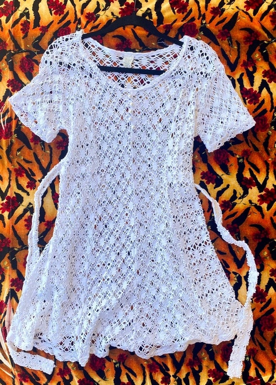 1990s Sheer Crochet Lace Short Sleeve Mini Dress size… - Gem