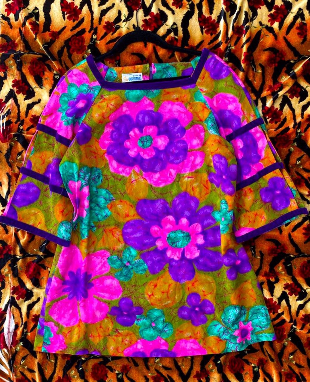 1960s Tropical Tiki Wear Flower Power A-line Mini Tunic Dress With Cut ...