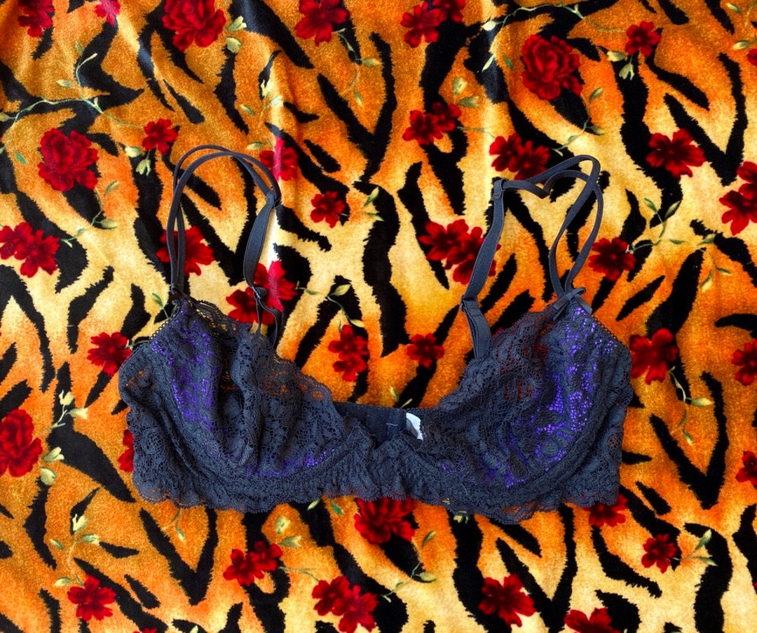 1990s FREDERICK'S of Hollywood Sheer Black Lace Bra With Purple Accents ...