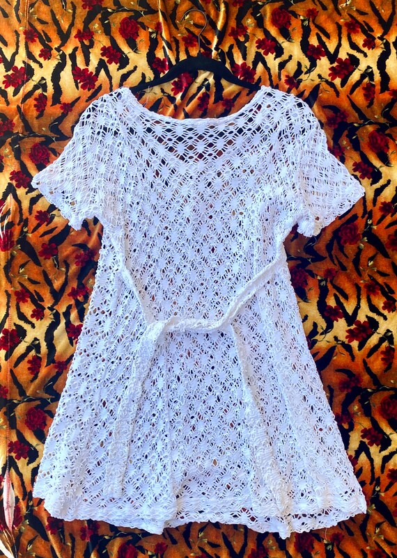 1990s Sheer Crochet Lace Short Sleeve Mini Dress size… - Gem