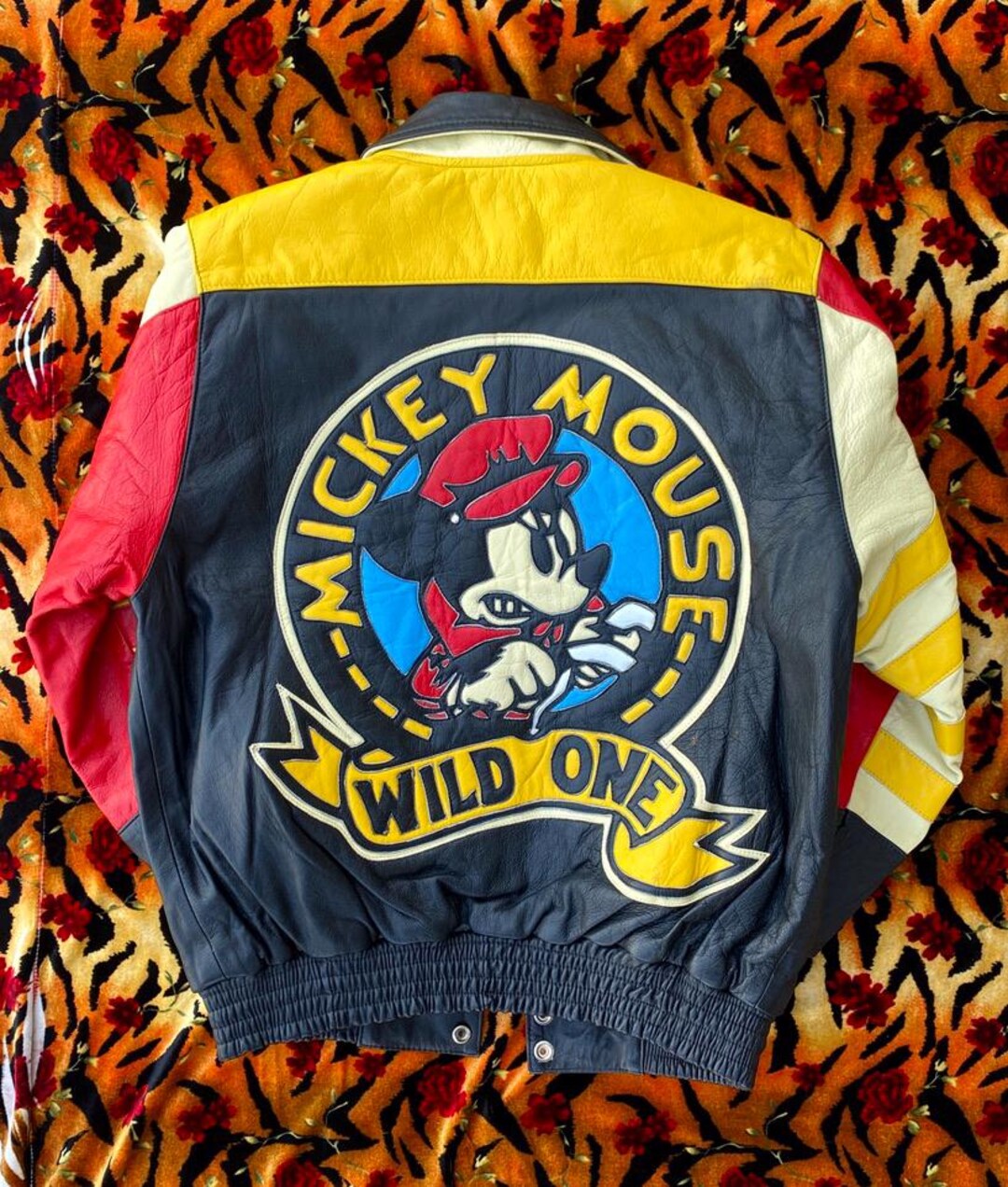 1990s Jeff Hamilton Mickey Mouse wild One Color Block Leather Bomber ...
