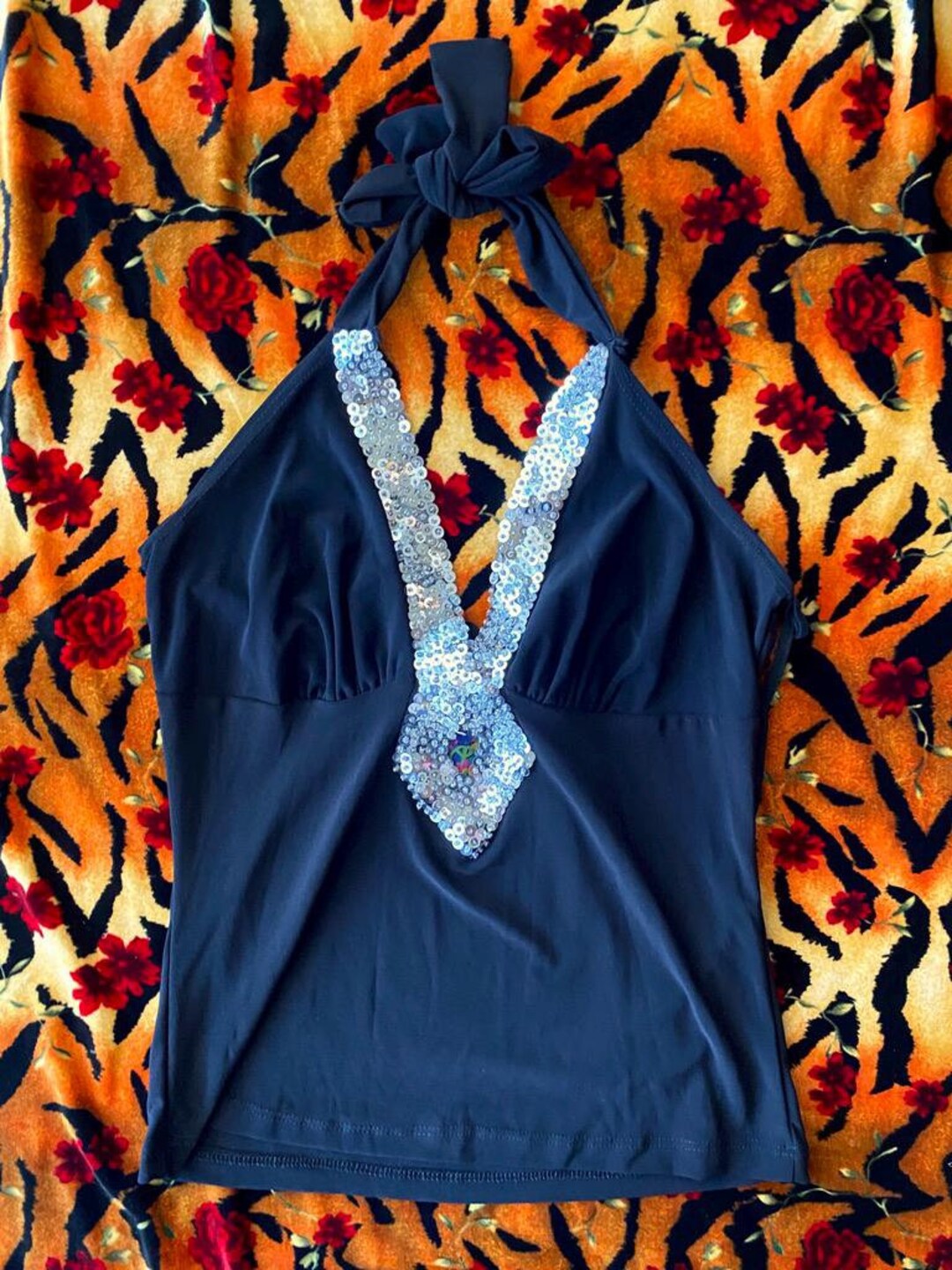 Cute Y2K Stretchy Black Halter Top With Silver Sequins and Mesh Diamond ...
