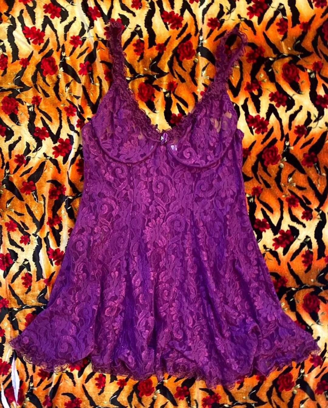 1990s Purple Sheer Lace Mini Slip Dress With Built in Bra Size M-L - Etsy