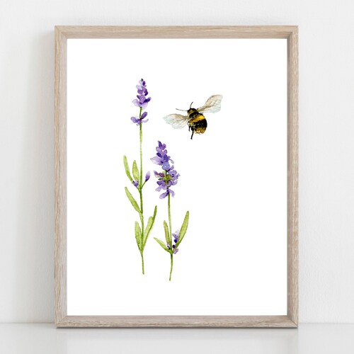 Lavender and Bumble Bees Floral Watercolor Art Print - Etsy