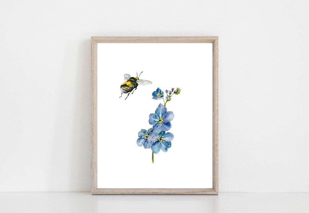 Blue Forget Me Nots and Bumble Bee Watercolor Art Print - Etsy
