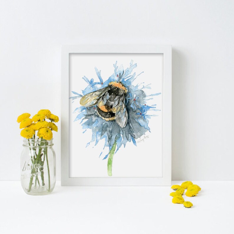 Bumble Bee and Flower Watercolor Art Print | Etsy