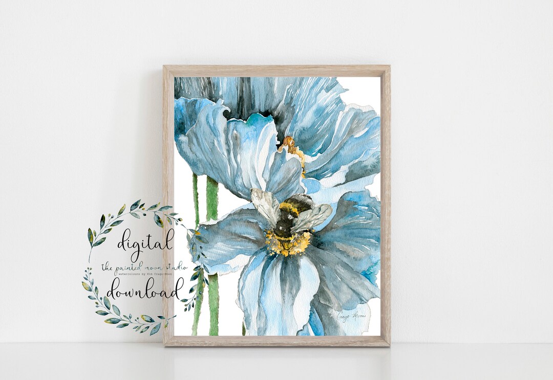 Bumble Bee on Blue Poppies, Printable Wall Art, 8 X 10 Watercolor Art ...