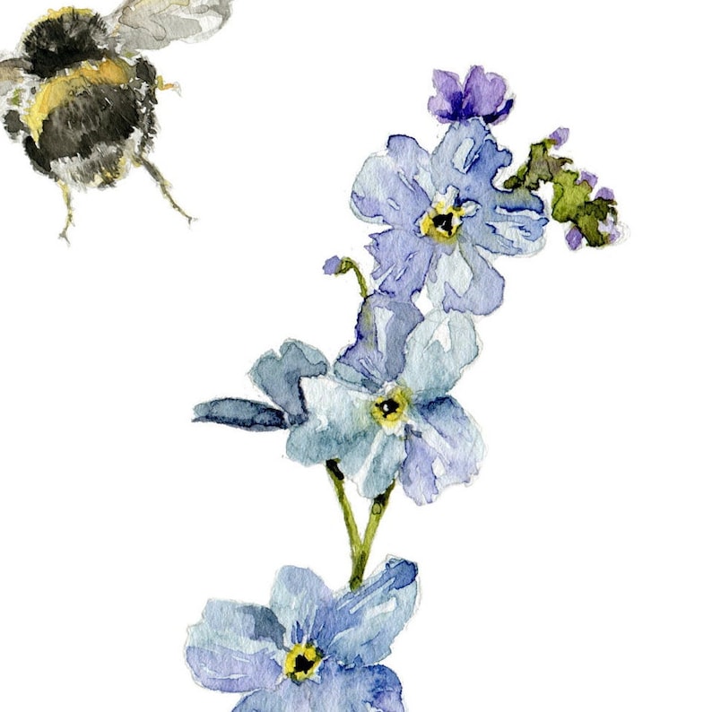 Blue Floral and Bee Watercolor Art Print | Etsy