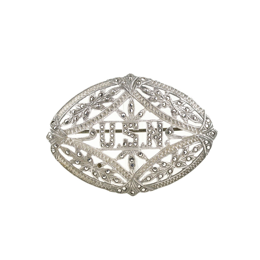 Vintage WWII Era Sterling Silver Marcasite USN Navy Sweetheart Brooch ...