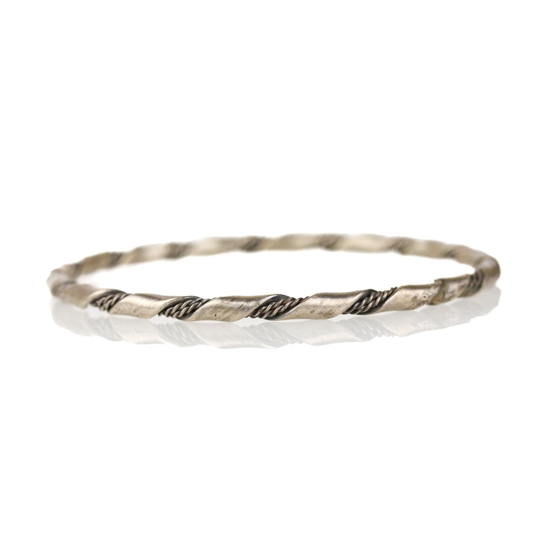 Vintage Navajo Sterling Silver Twisted Inlay Wire Rope Bangle Bracelet ...