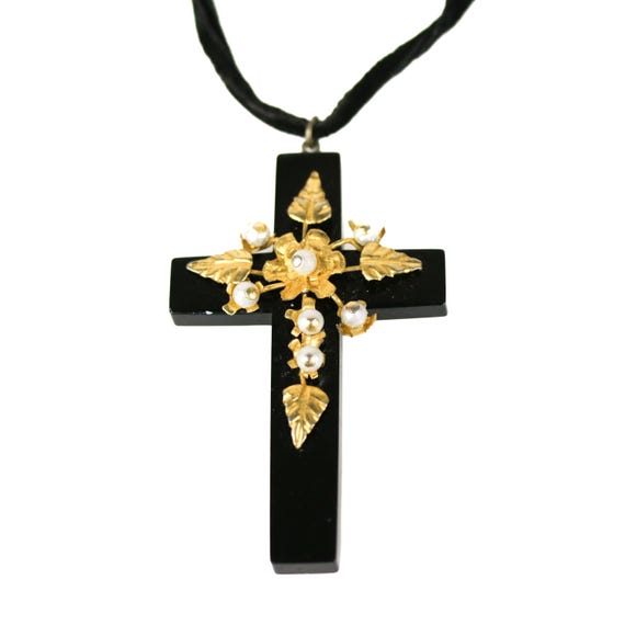 Vintage Victorian Revival Black Cross Gold Floral Des… - Gem