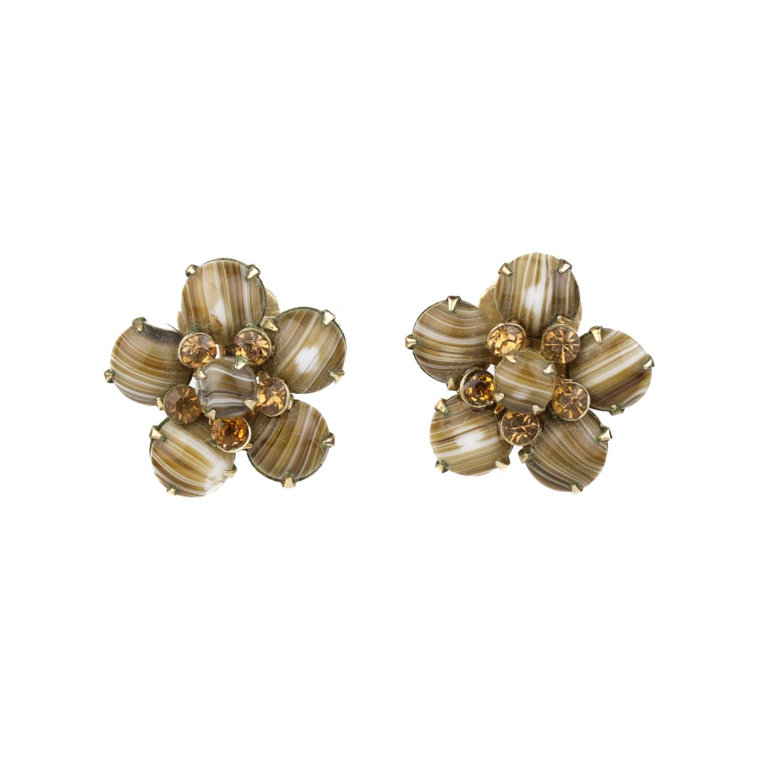 Vintage Unsigned Weiss Brown Art Glass Rhinestone Clip Earrings - Etsy