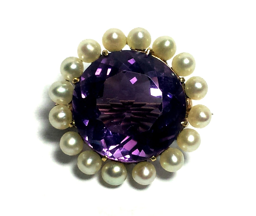 Estate Large Round Dark Amethyst and Round White Pearl 14KTYG Brooch ...