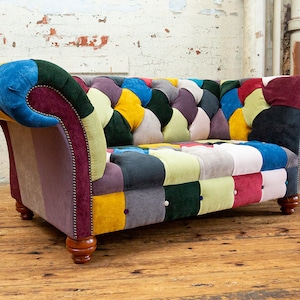 2 Seater Multicoloured Patchwork Velvet Chesterfield Sofa, Unique ...