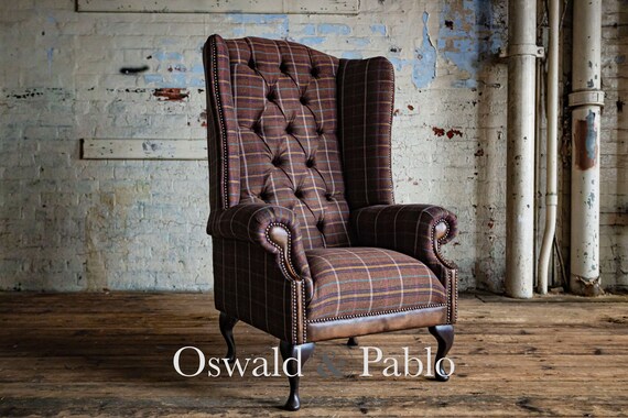 British Handmade Dark Brown Herringbone Tweed With Antique Tan Leather High Back Wing Chair Etsy