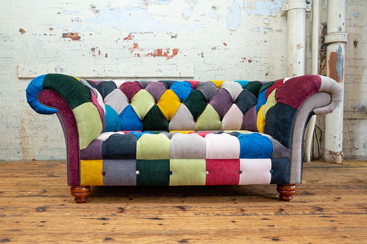 2 Seater Multicoloured Patchwork Velvet Chesterfield Sofa - Etsy UK