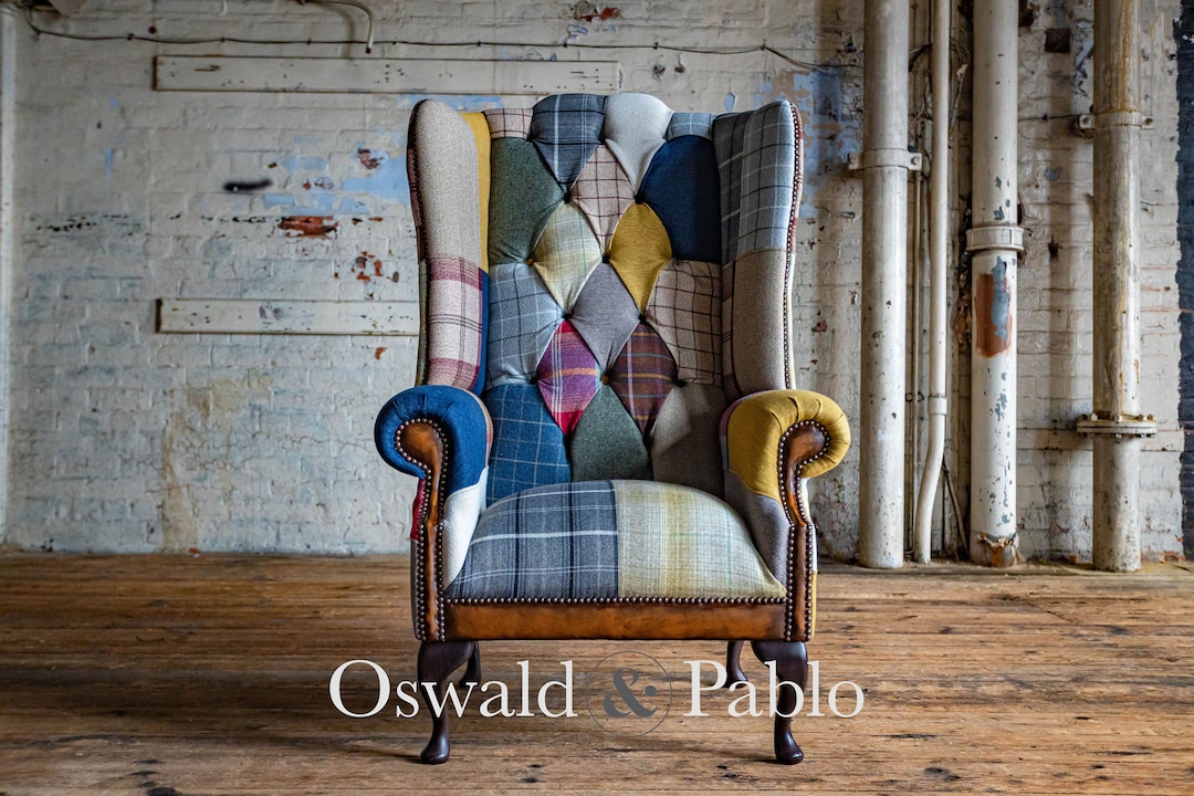 British Handmade Multi Coloured Wool Patchwork High Back Wing Chair ...