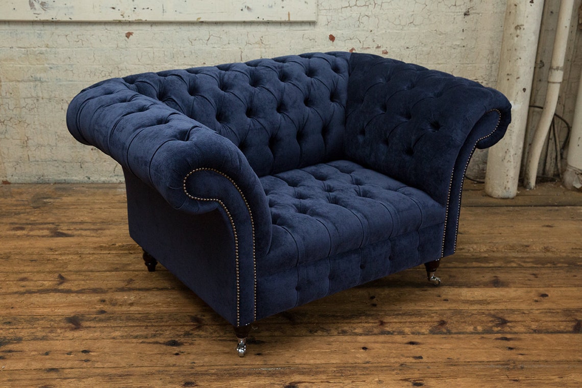 Navy Blue Velvet Chesterfield Snuggle Chair, British Handmade - Etsy UK