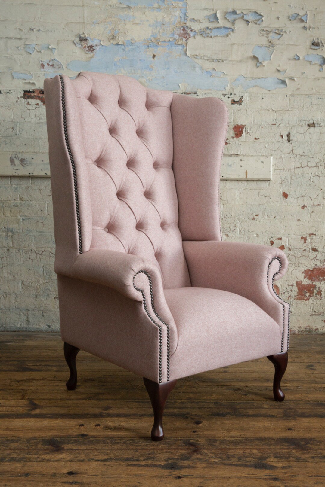 Dusty Pink Wool Chesterfield High Back Wing Chair British Handmade Etsy UK
